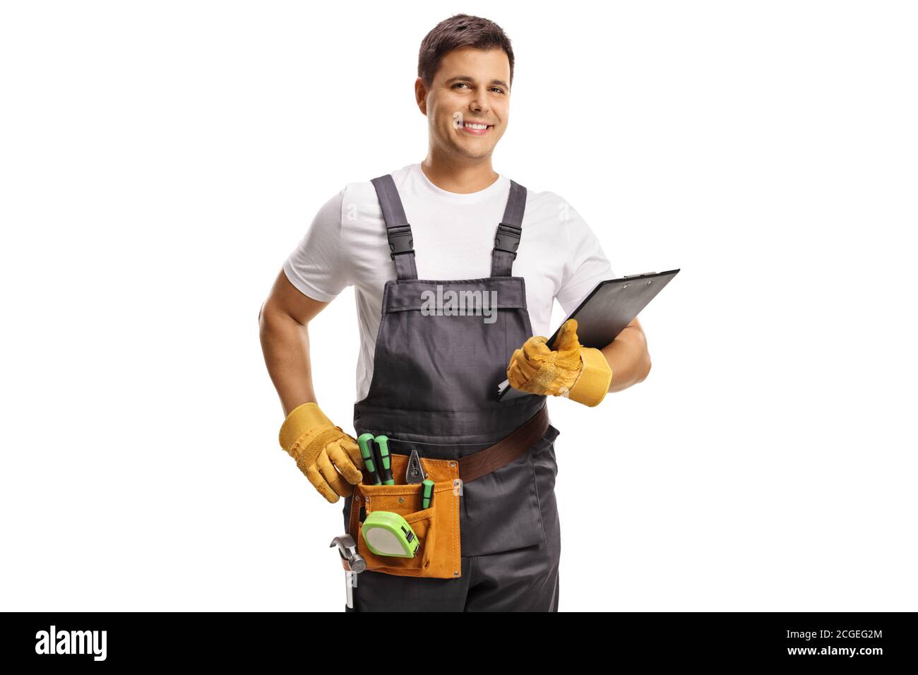 Repairman with a tool belt holding a clipboard isolated on white ...