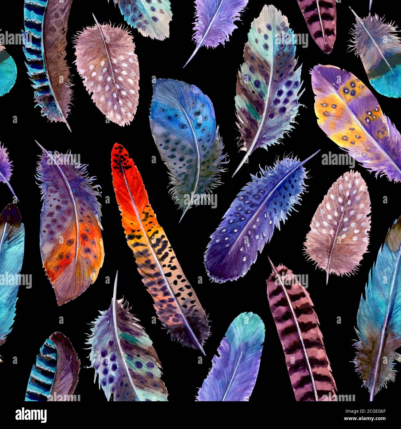 Watercolor feathers colorful abstract seamless pattern on black ...