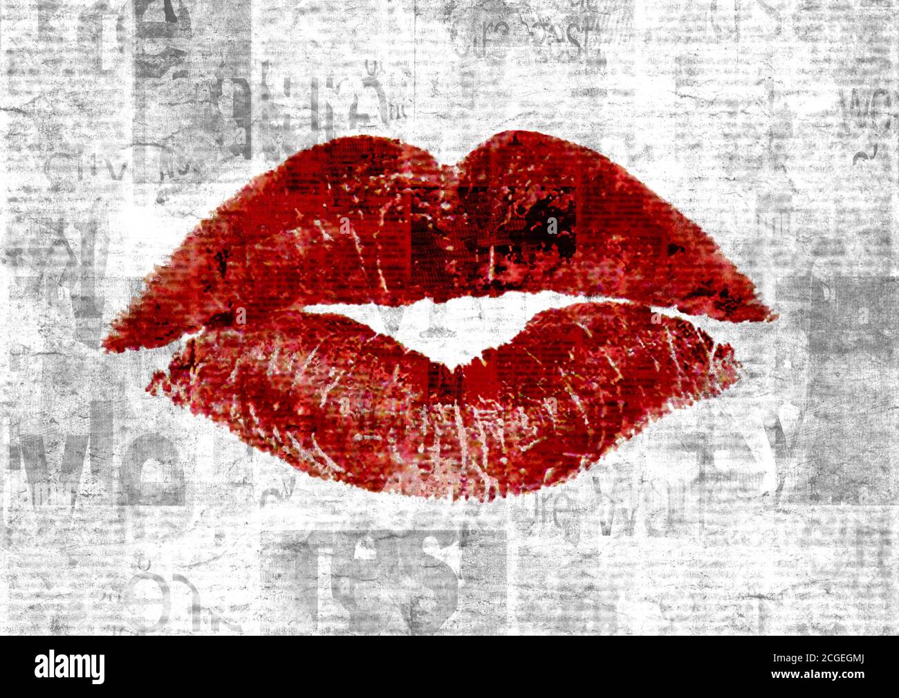 Newspaper print with old unreadable text and beautiful woman's lipstick ...