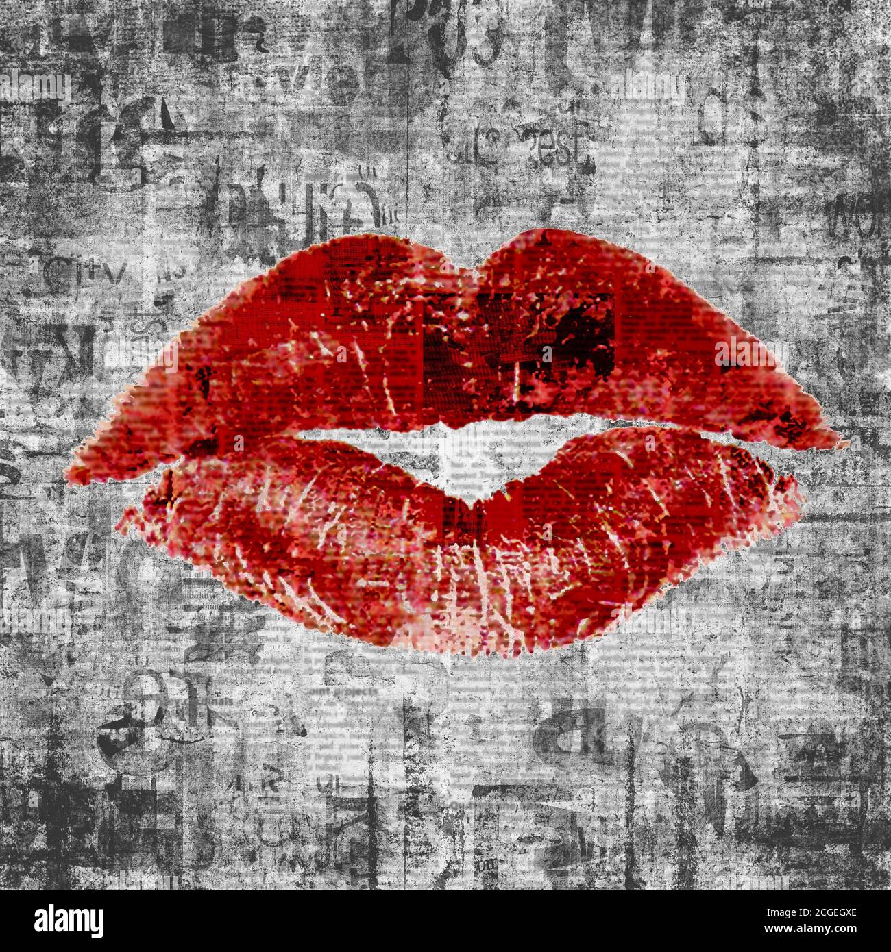 Newspaper print with old unreadable text and beautiful woman's lipstick ...