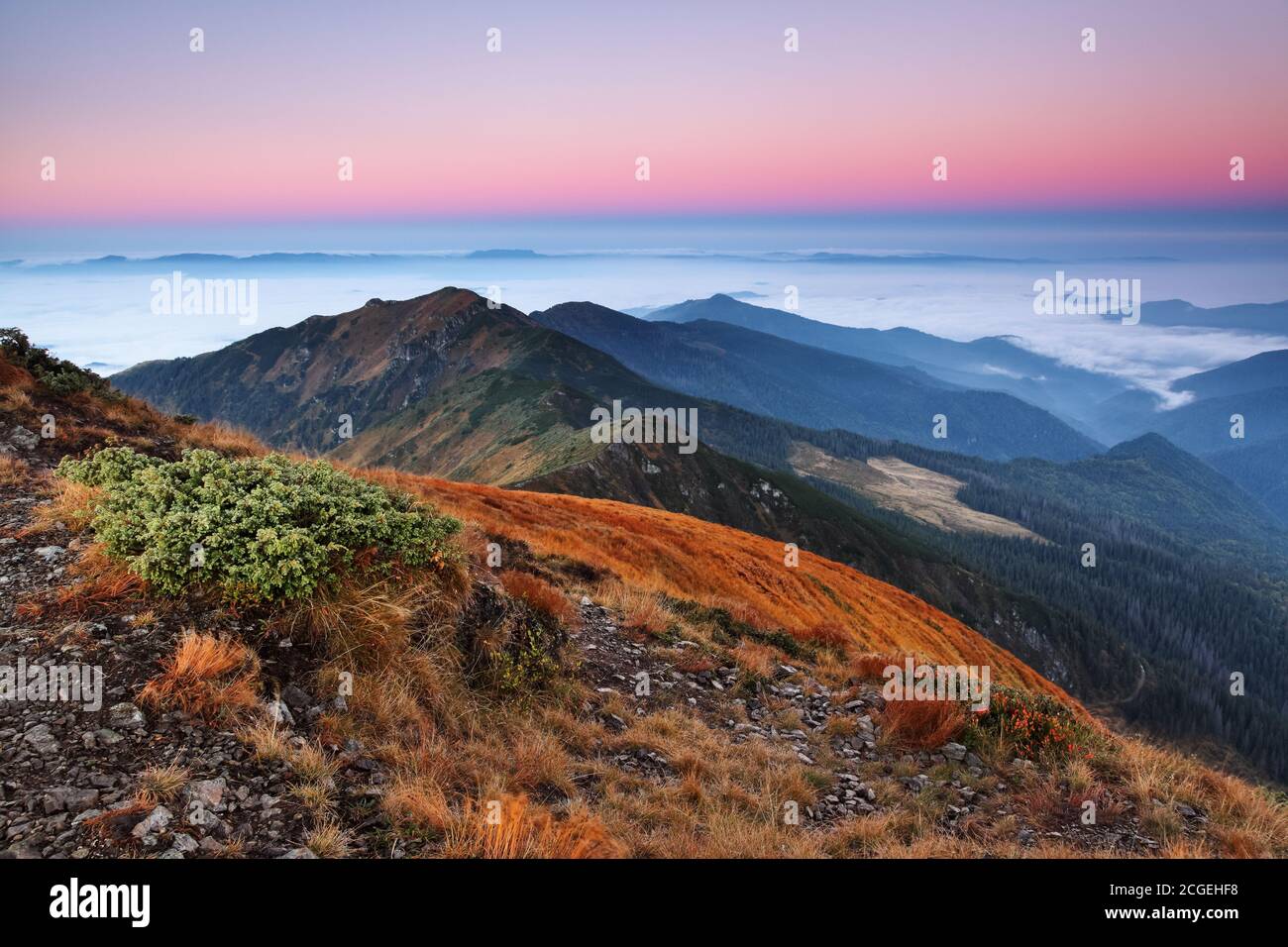 Sunrise. Autumn morning. Fall scene. Landscape with high mountains ...