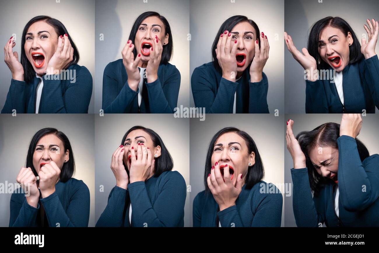 brunette female scared and frightened and shouting on camera Stock ...