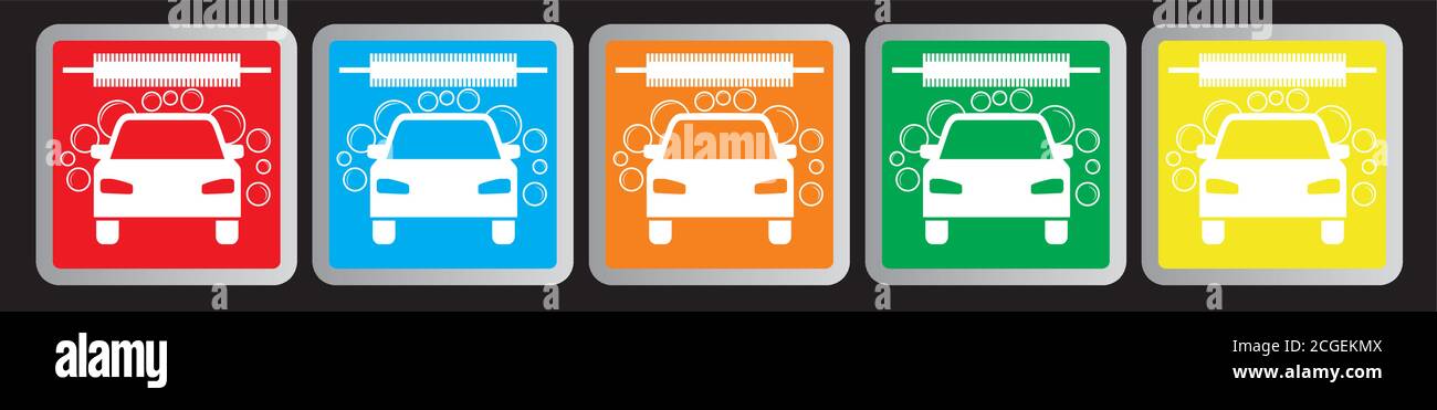 Five alternatives for car wash. Buttons, signs with silver frame ...