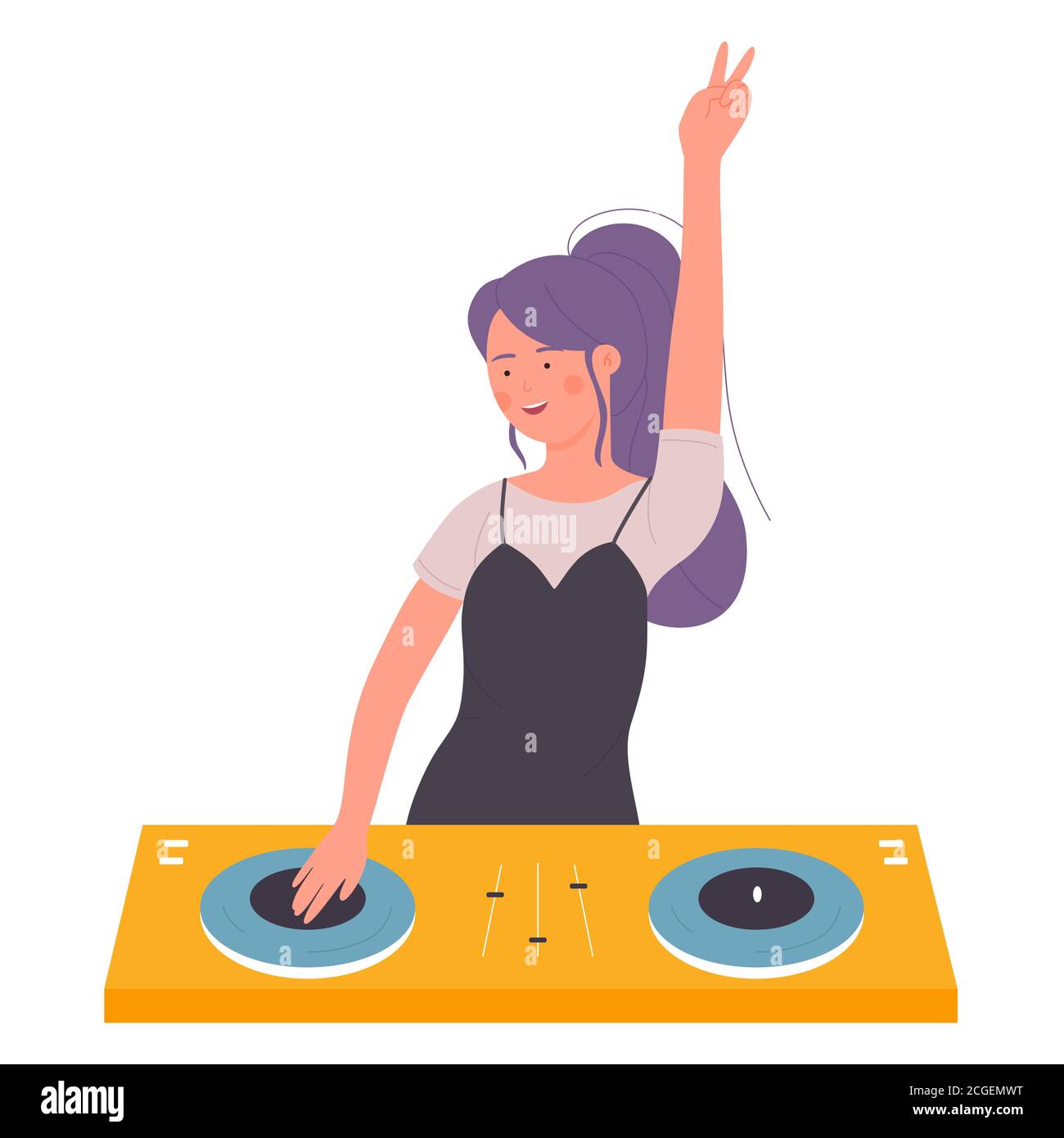 DJ beautiful young woman on musical party vector illustration. Cartoon ...