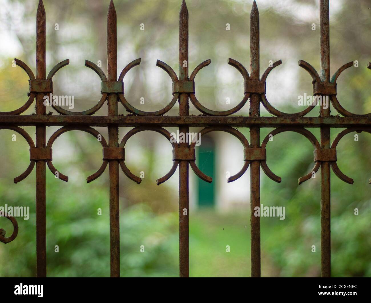 closeup of an iron gate with a blurred background garden Stock Photo ...