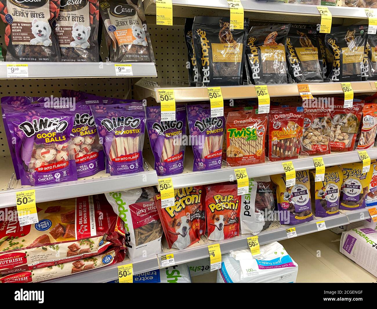 Orlando, FL/USA-5/8/20: A display of a variety of dog treats in a ...