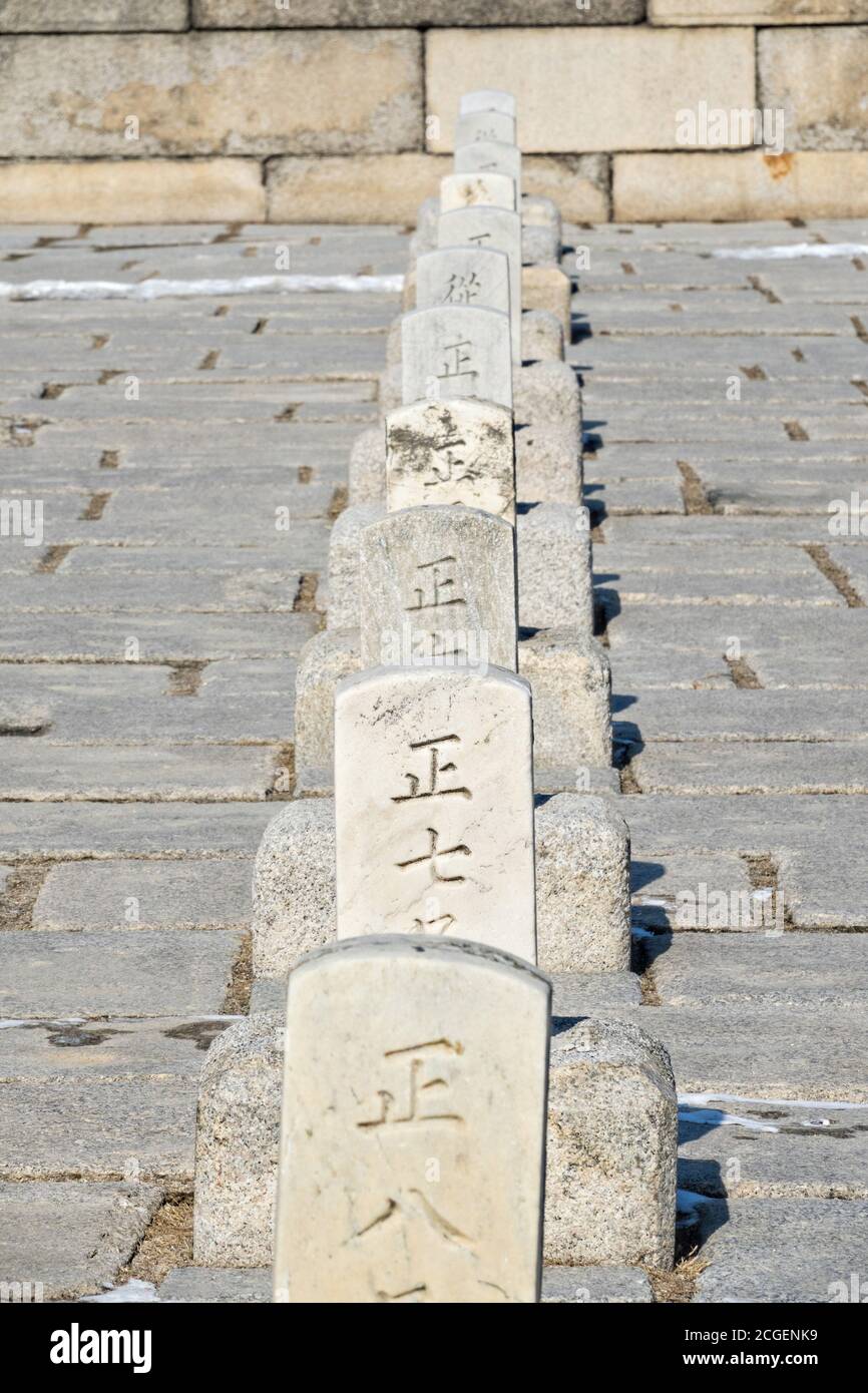 Rank stones, called pumgyeseok line the courtyard at the Geunjeong-jeon ...