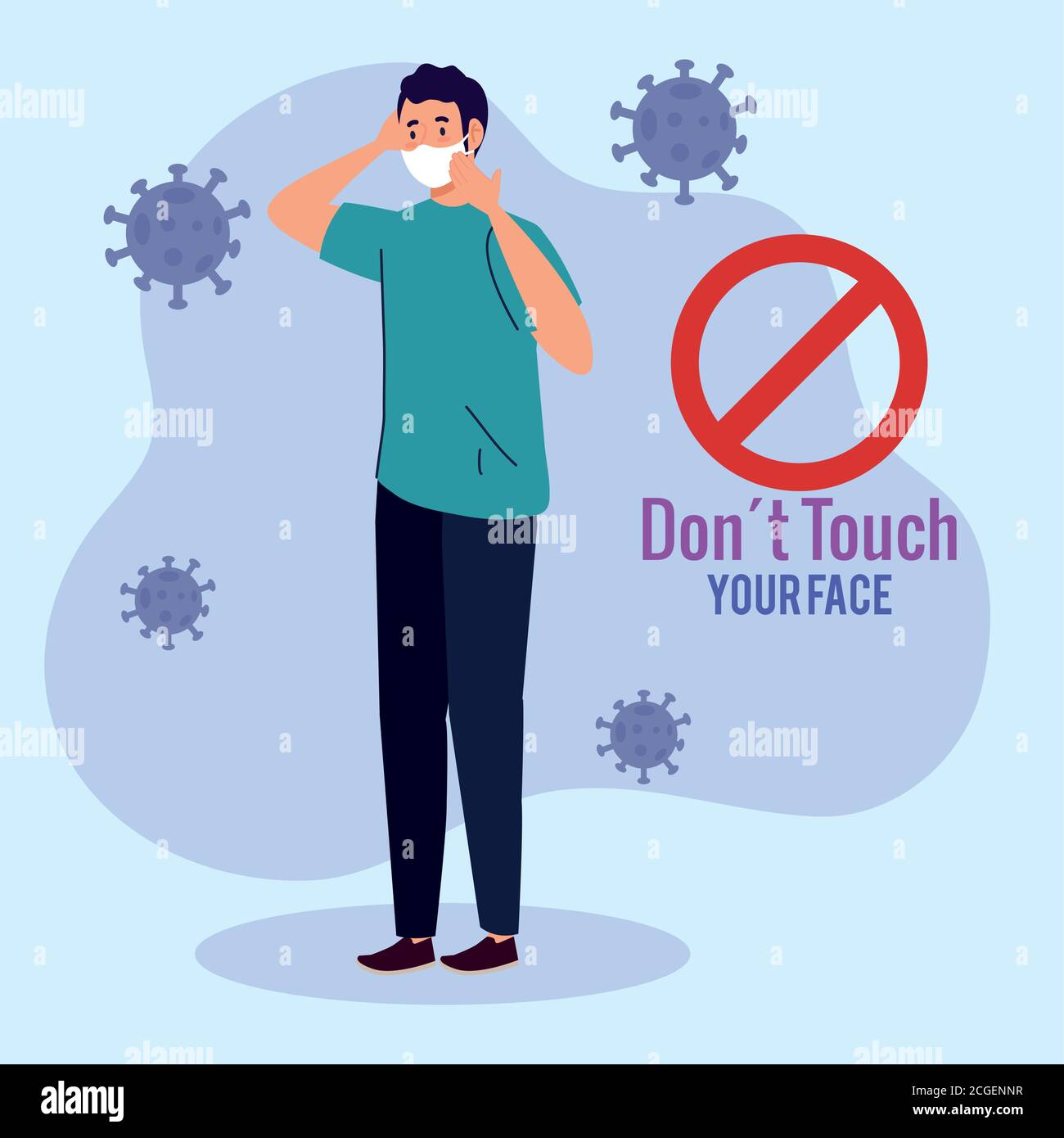 do not touch your face, young man wearing respiratory protection, avoid ...