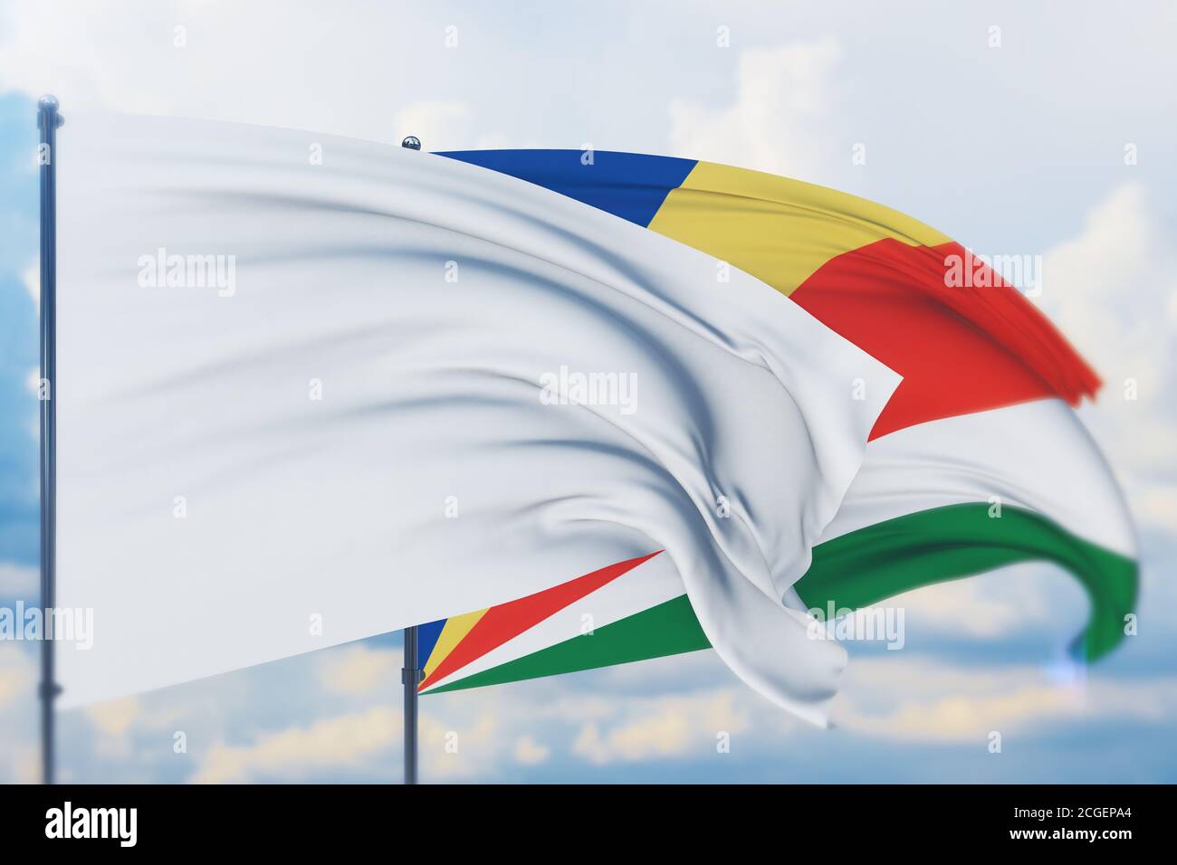 White flag on flagpole waving in the wind and flag of Seychelles ...