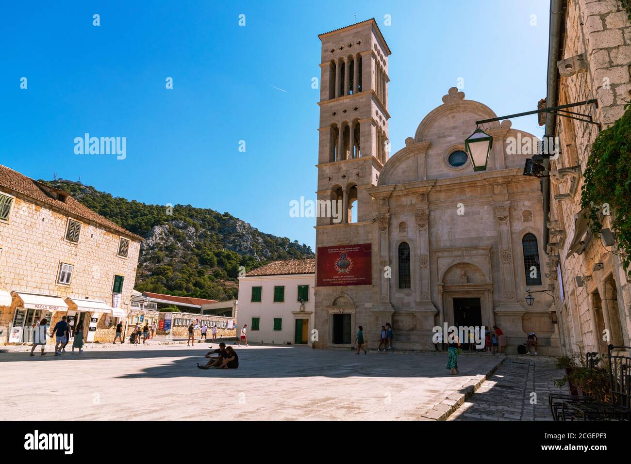 Hvar Croatia - 16 August 2020: Main square of Hvar town with walking ...