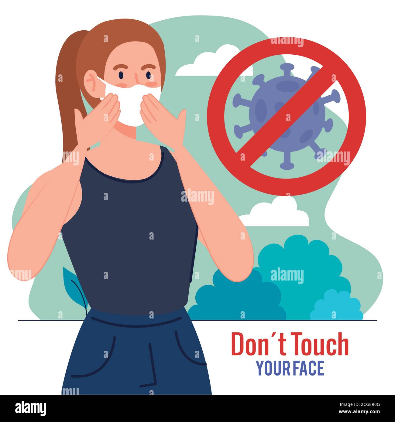 do not touch your face, young woman wearing face mask, avoid touching ...