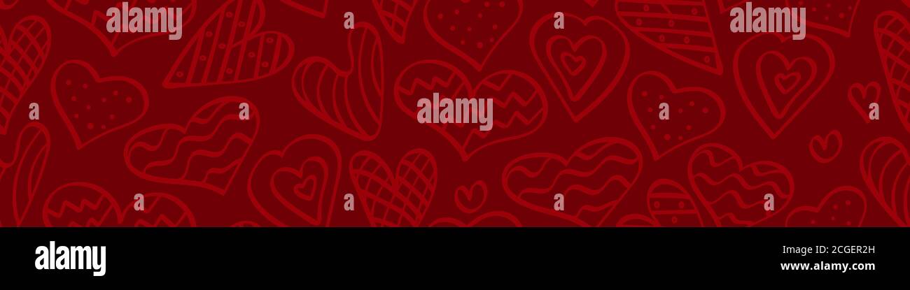Cute hand drawn heart shapes in seamless horizontal web banner on dark ...