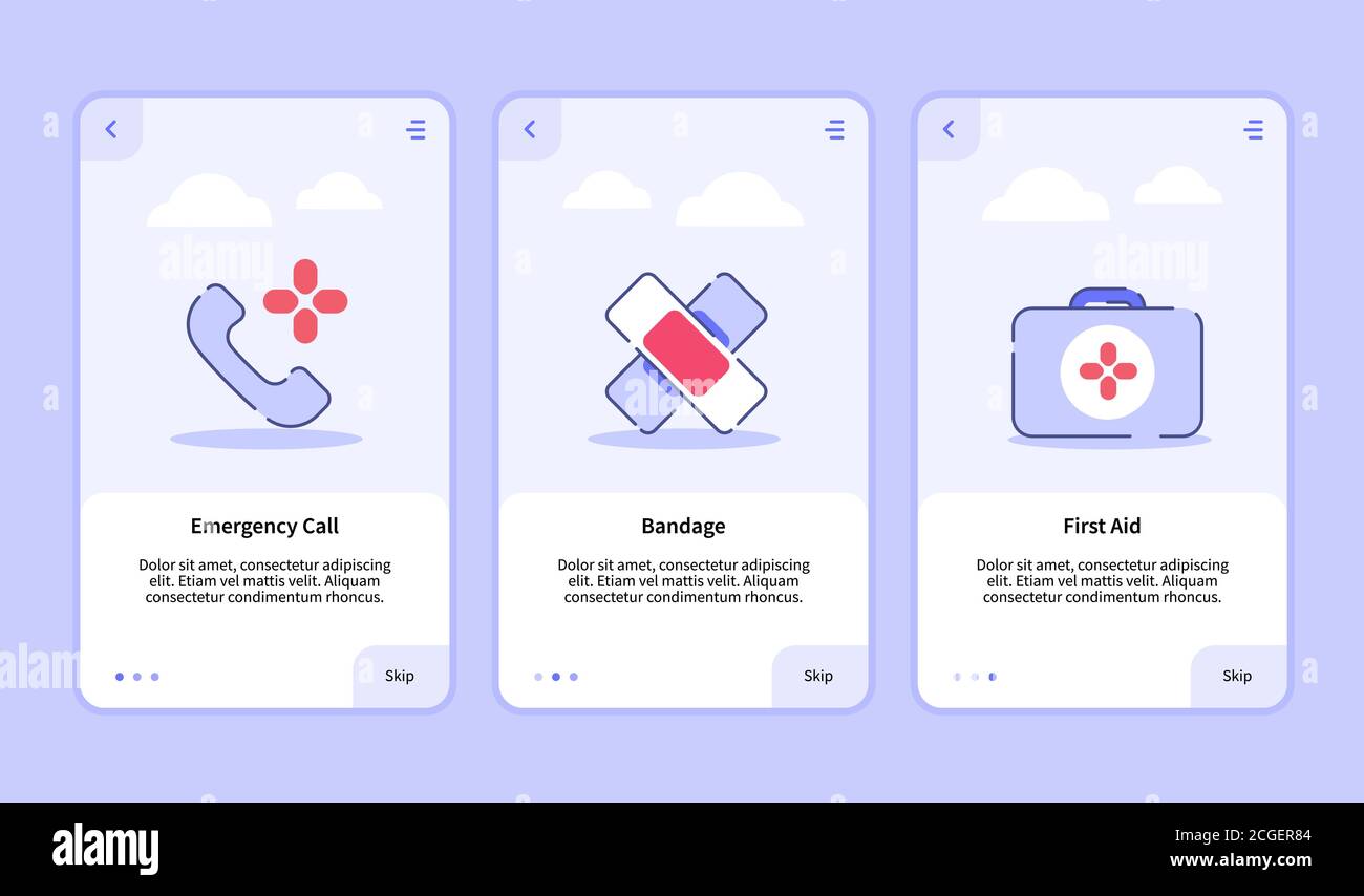 Medical icon emergency call bandage first aid onboarding screen for ...