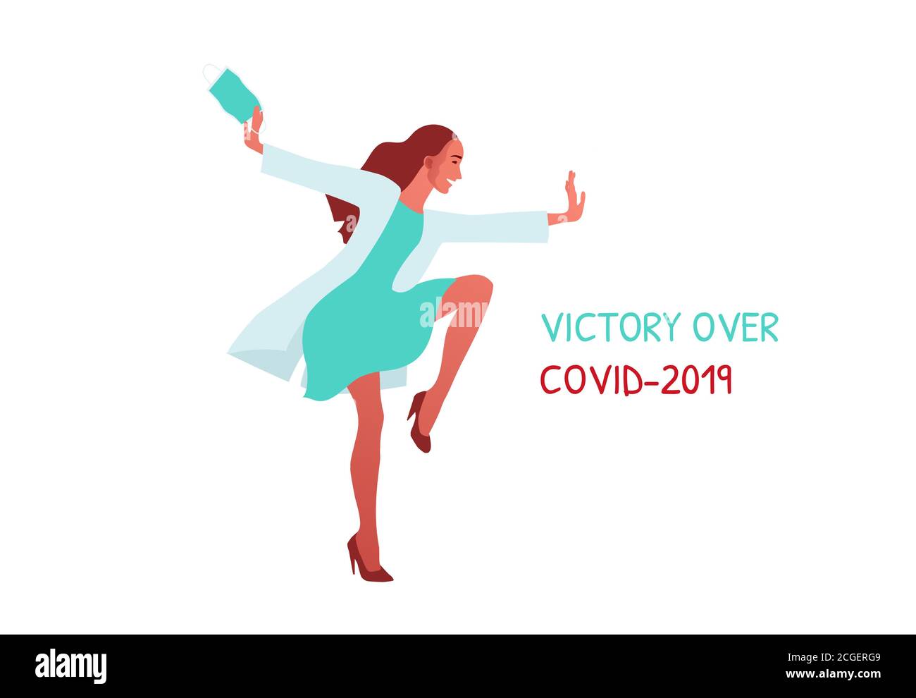 Victory coronavirus. Covid-2019 defeated. Young happy beautiful woman ...