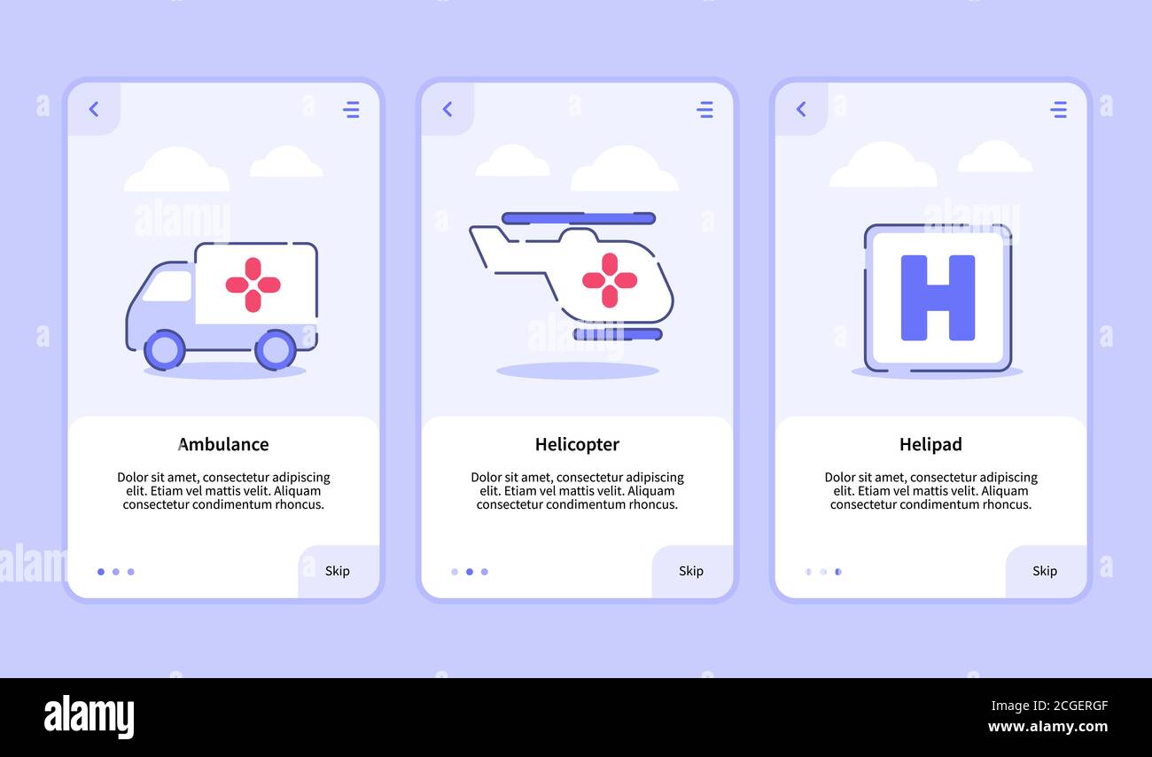 Medical icon ambulance helicopter helipad onboarding screen for mobile ...