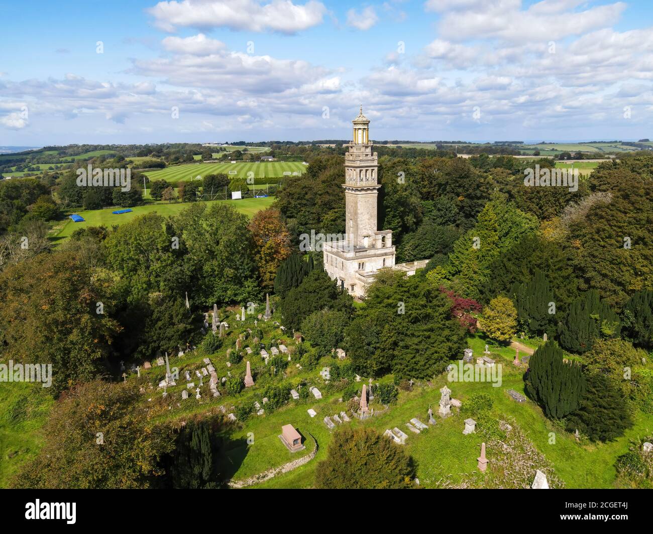 Aerial view of Beckford's Tower at Lansdown near Bath, Somerset, A Neo ...