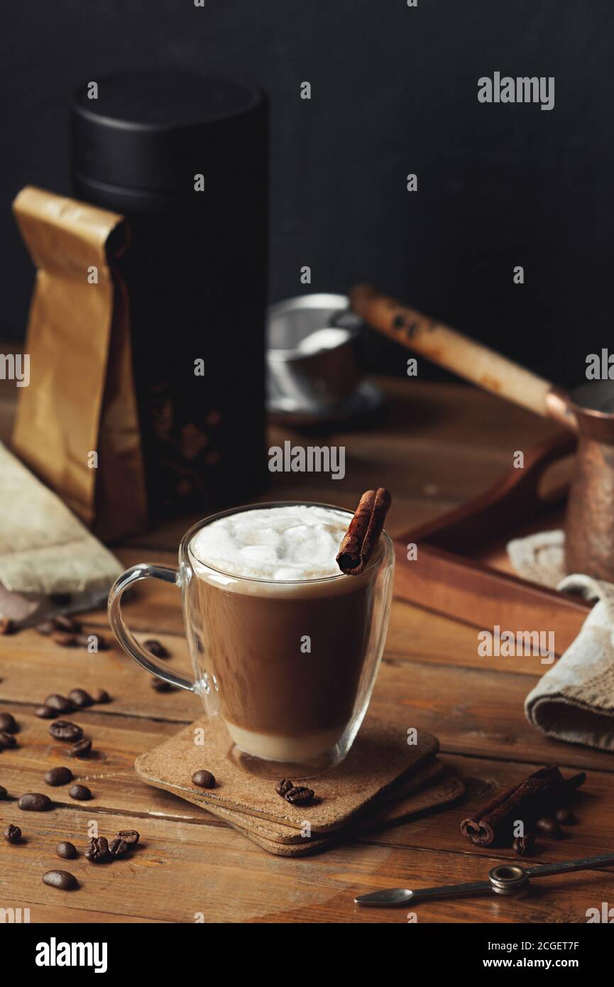 glass transparent coffee Cup with double walls with coffee poured in ...