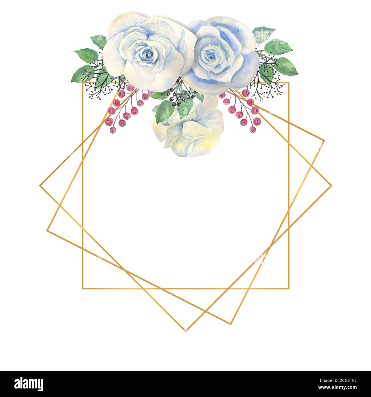 Blue rose flowers, green leaves, berries in a gold geometric frame ...