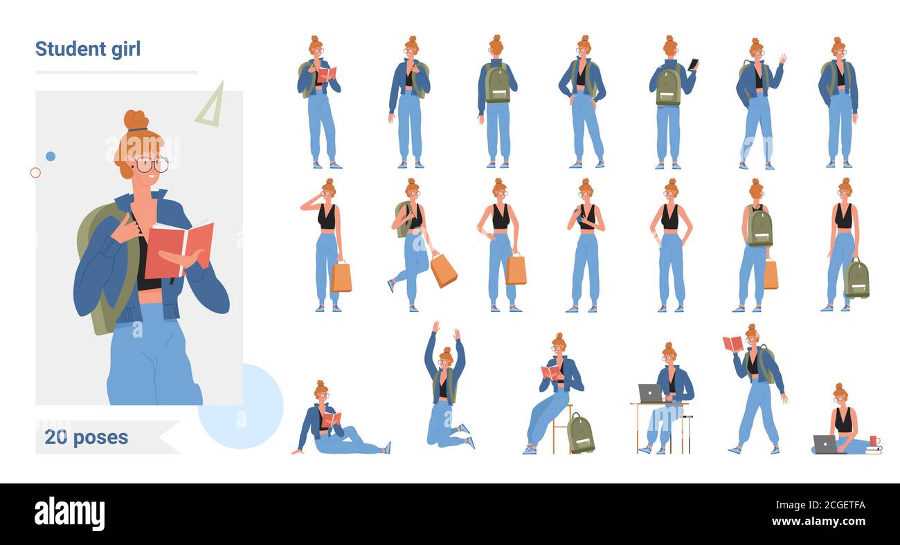 Student girl poses infographic vector illustration set. Cartoon flat ...