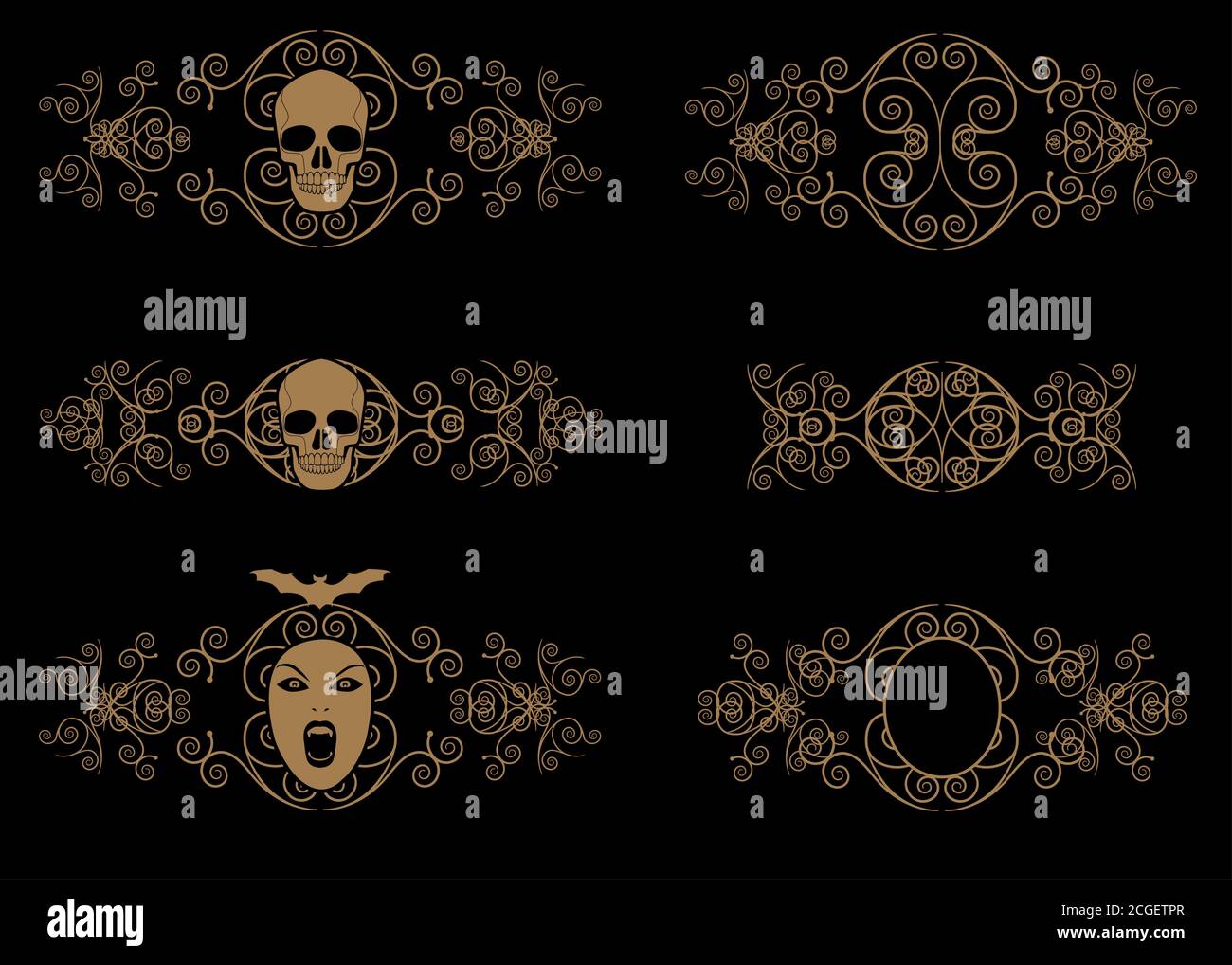 Ornamental terrifying symbols. Skulls and vampires. Ornaments and ...
