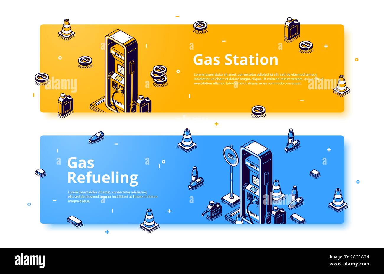 Gas refueling station isometric web banner, petroleum fueling service ...