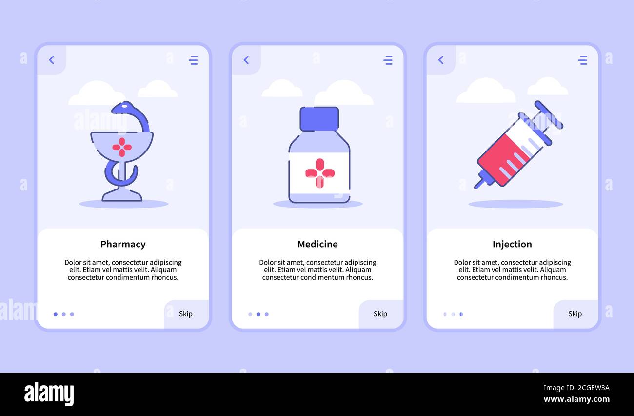 Medical icon pharmacy medicine injection onboarding screen for mobile ...