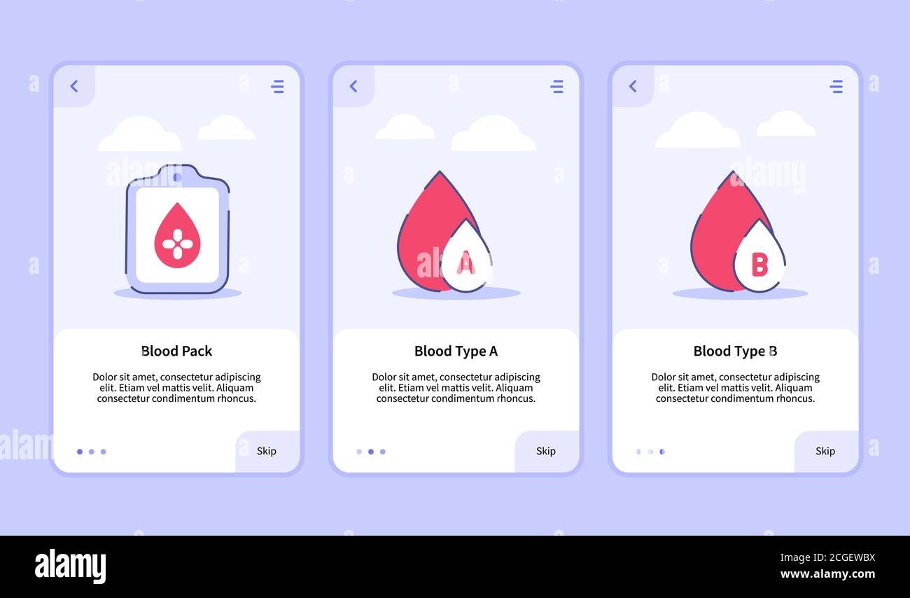 Medical icon blood pack blood type A type B onboarding screen for ...