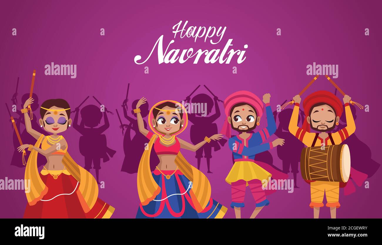 happy navratri celebration lettering with dancers and man playing drum ...