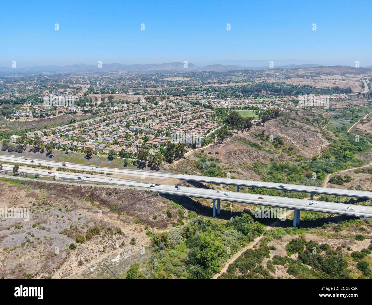 Aerial view of highway, freeway road with vehicle in movement in San ...