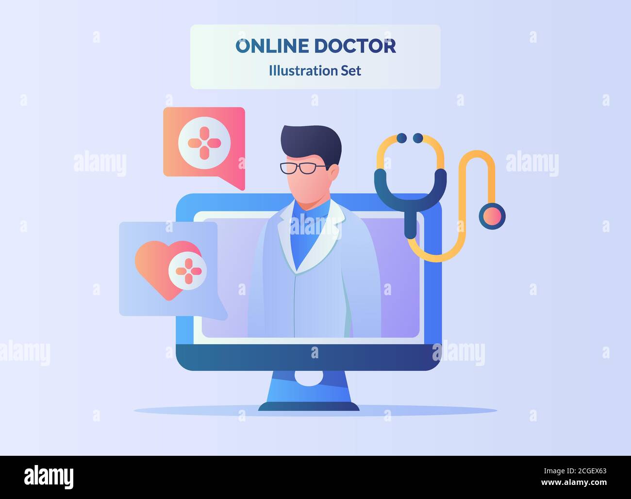 Online doctor characters on display monitor computer with flat color ...