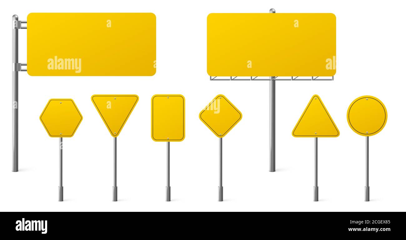 Highway yellow road signs, blank signage boards on steel poles pointing ...