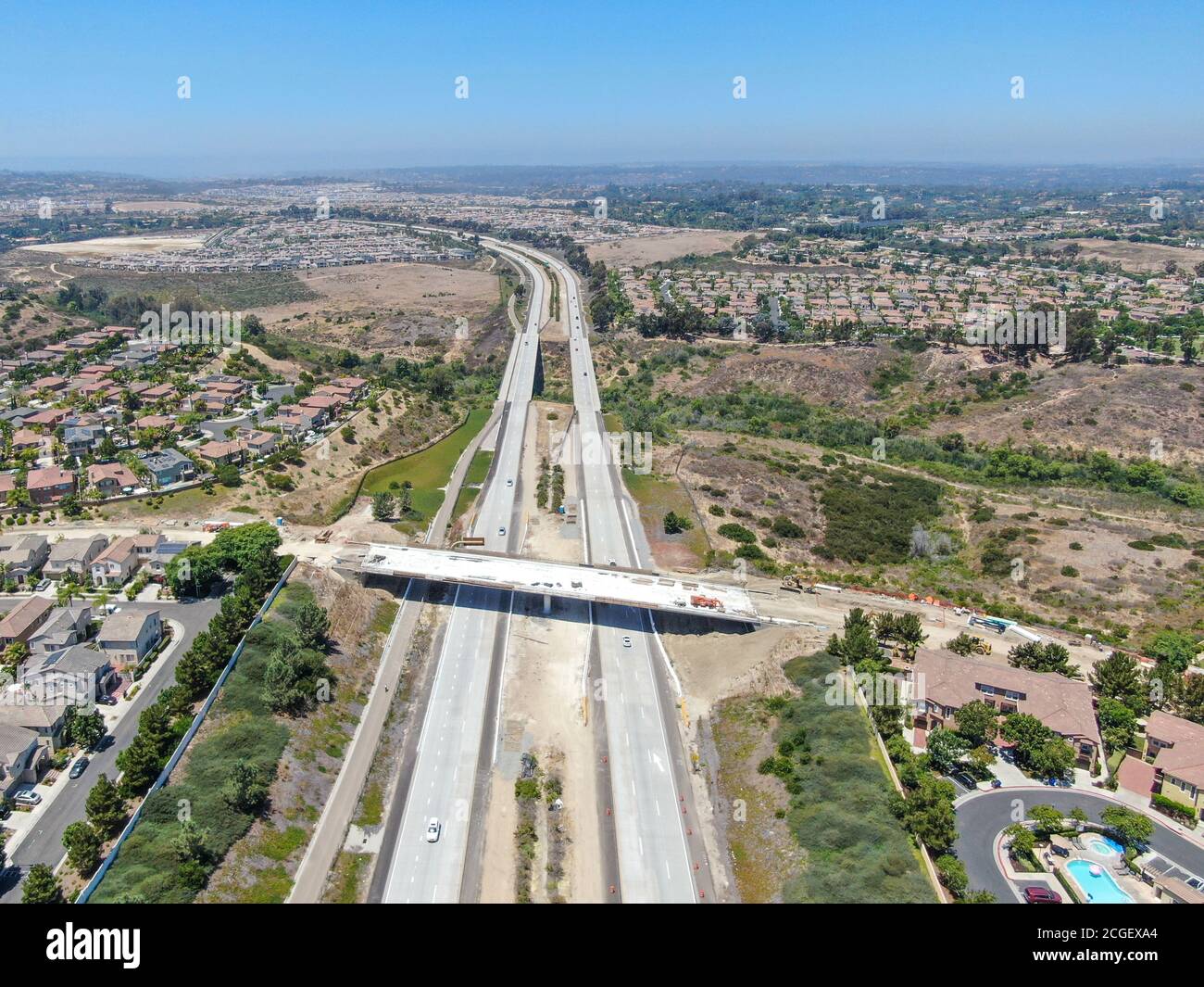 Aerial view of highway, freeway road with vehicle in movement in San ...