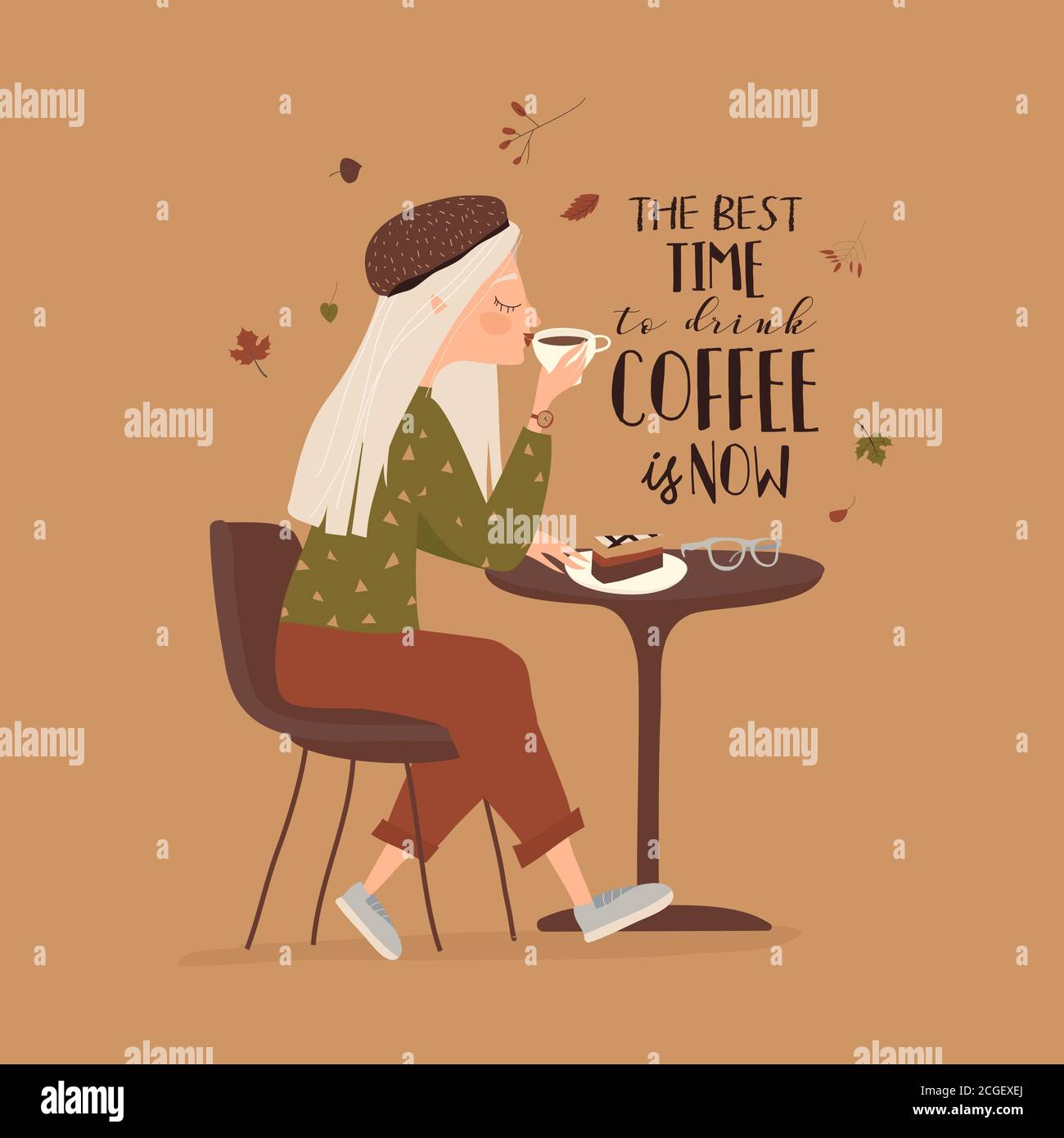 Cartoon beautiful girl drinking coffee at cafe Stock Vector Image & Art ...