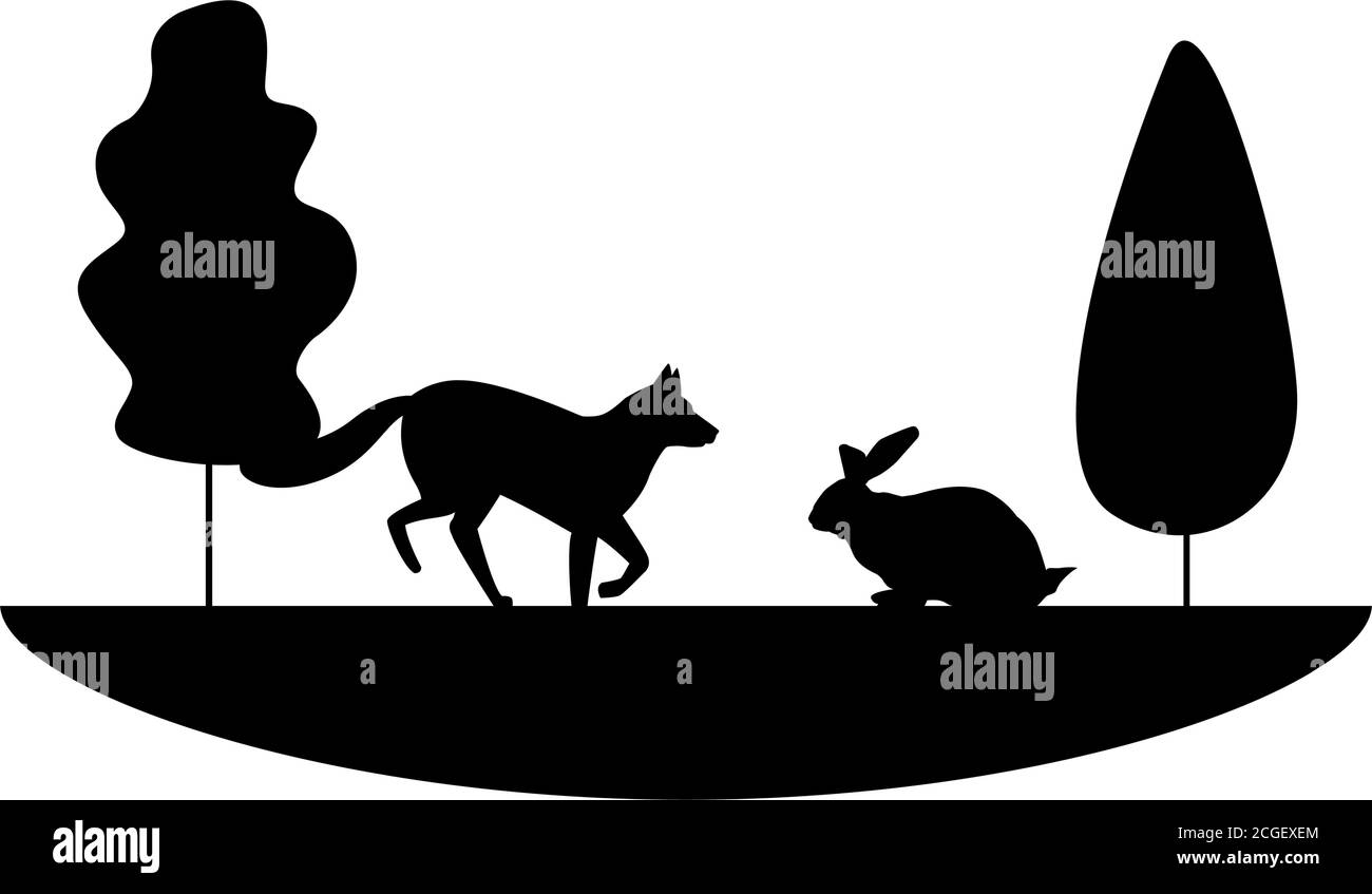 wild fox and rabbit animals nature silhouette vector illustration ...