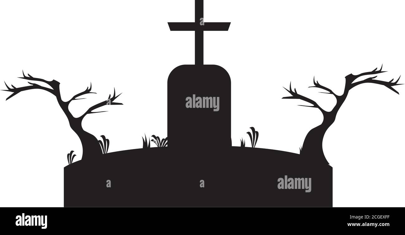 grave with cross in dry forest scene vector design, death tomb ...