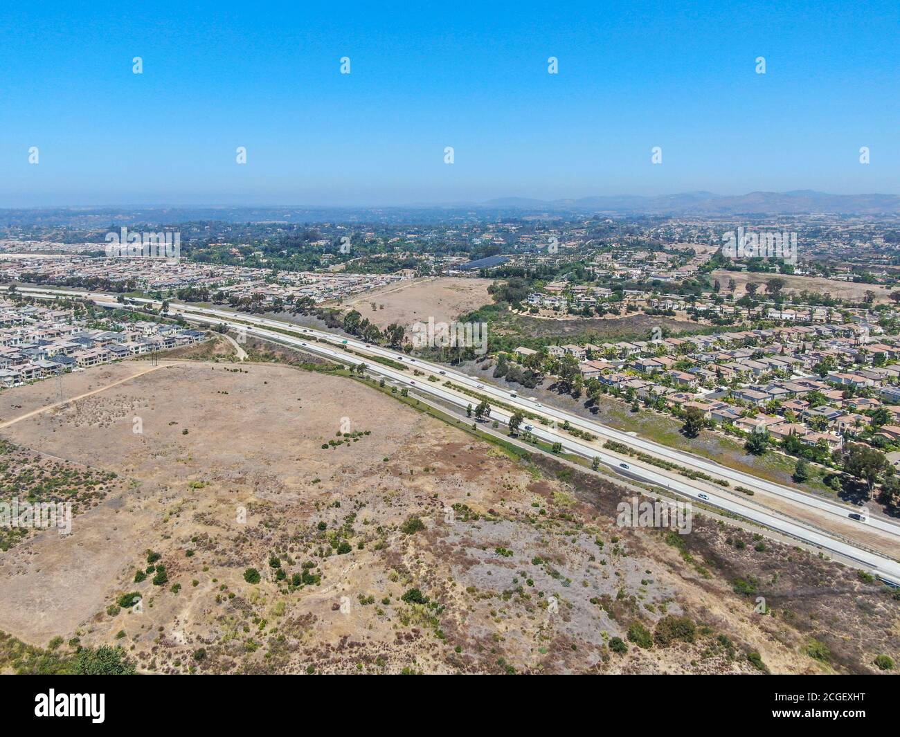 Aerial view of highway, freeway road with vehicle in movement in San ...