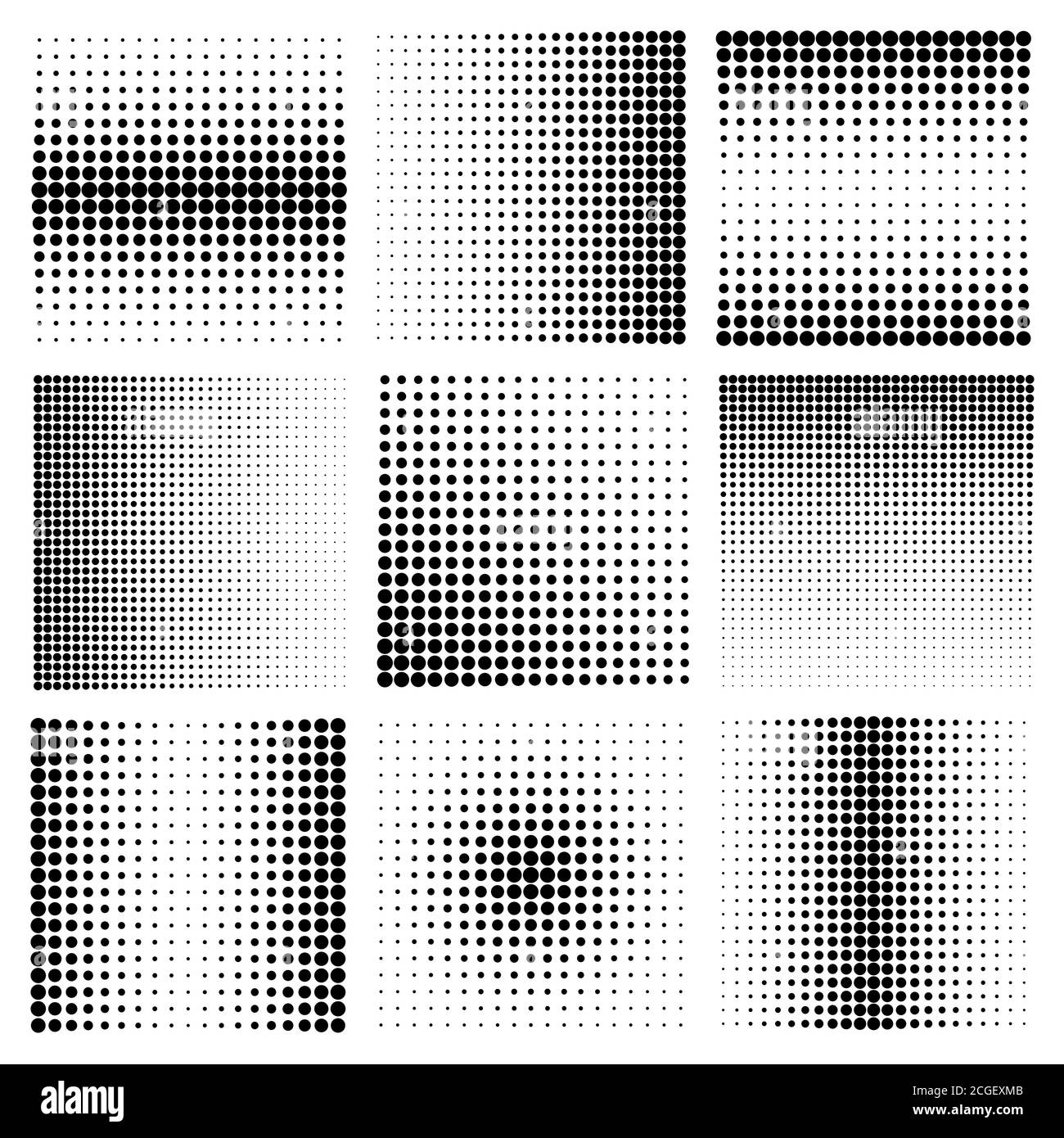 Halftone design elements with black dots isolated on white background ...