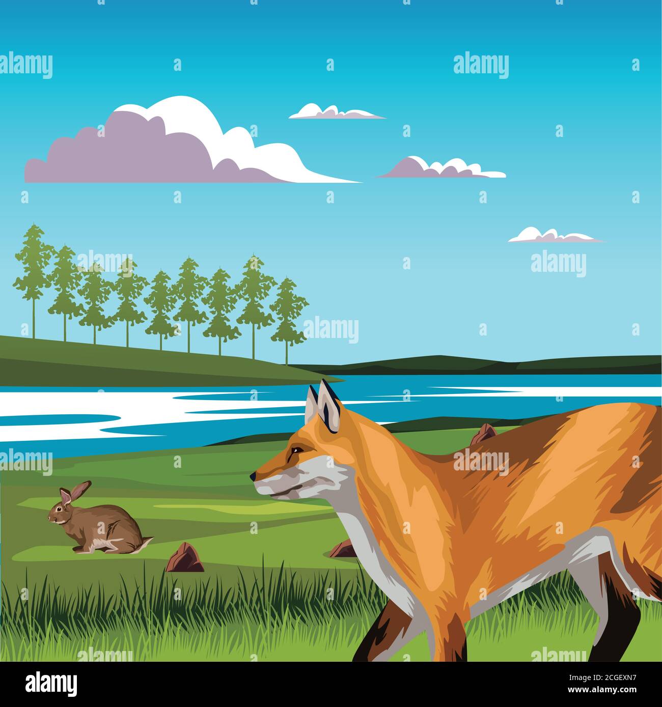 wild fox and rabbit in the landscape scene vector illustration design ...