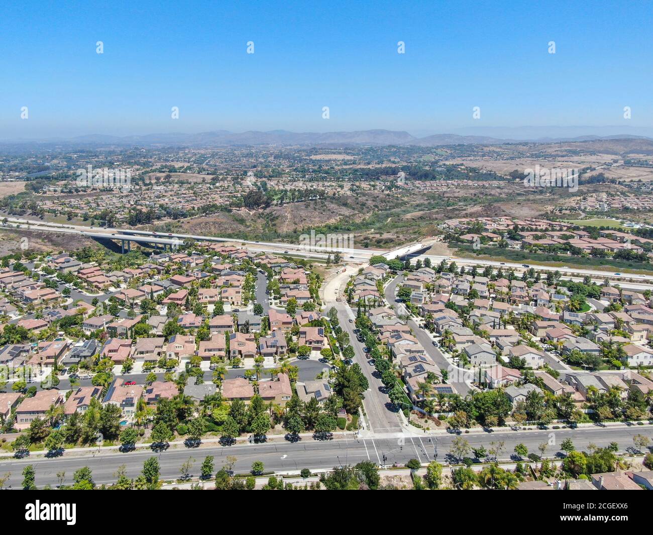 Aerial view of middle class subdivision neighborhood with residential ...