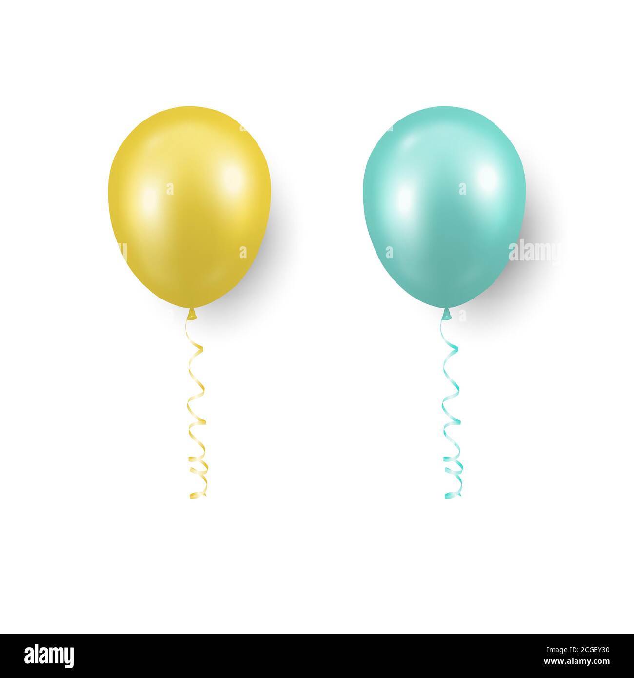 Vector 3d Realistic Yellow, Turquoise Balloon with Ribbon Set Closeup ...