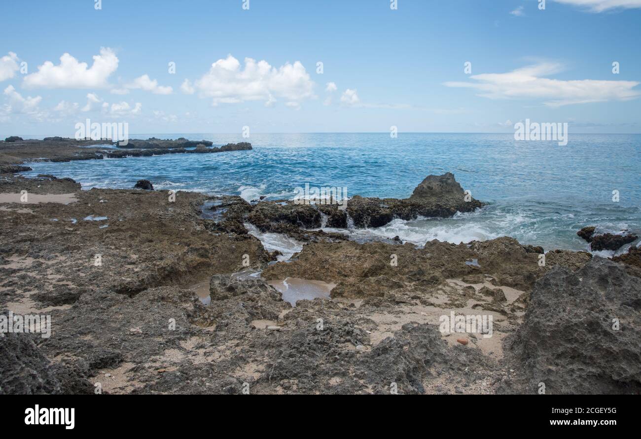 Natural limestone tide pools by Monk's Bath coastal area with Caribbean ...