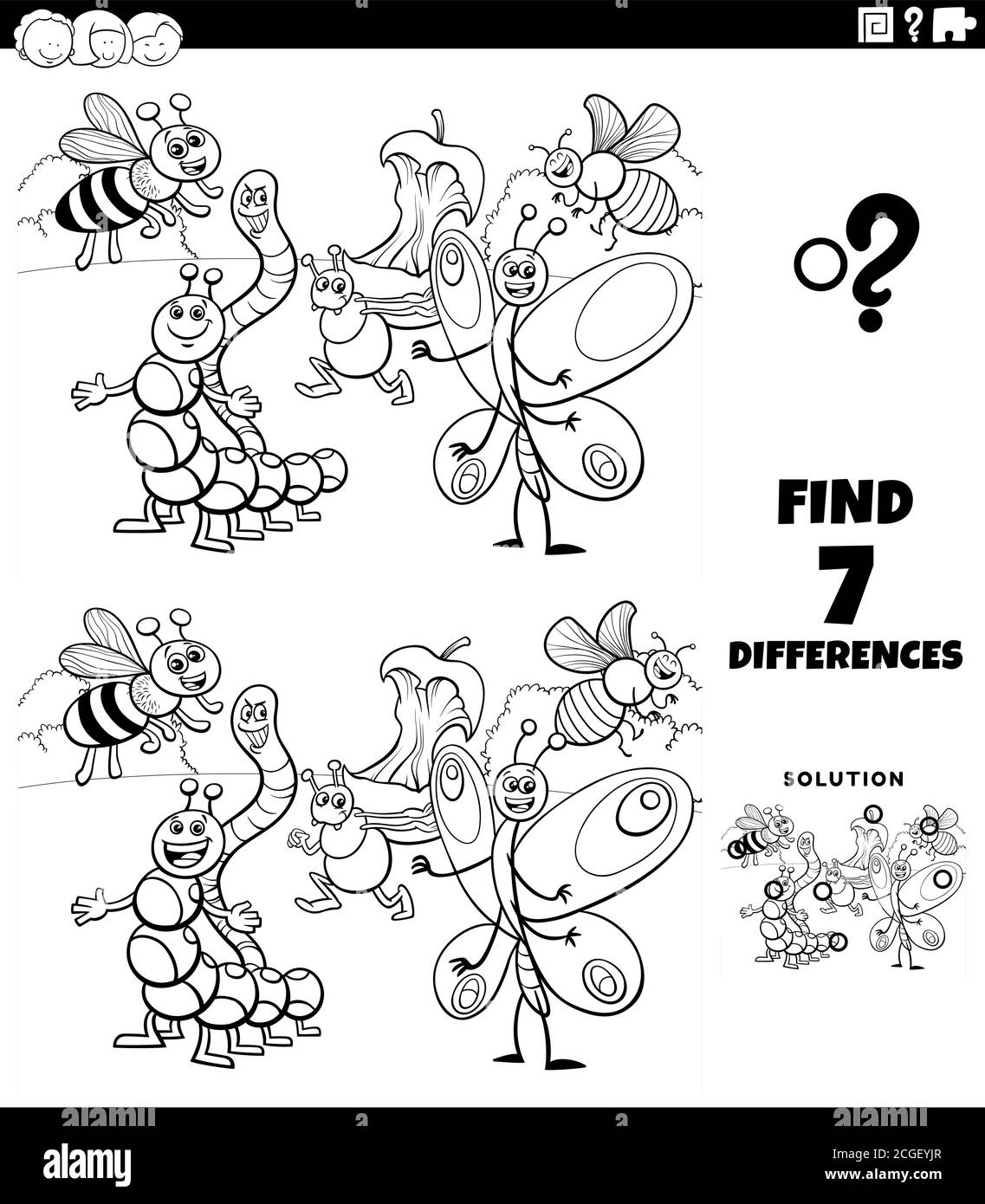 Black and White Cartoon Illustration of Finding Differences Between Pictures Educational Game ...