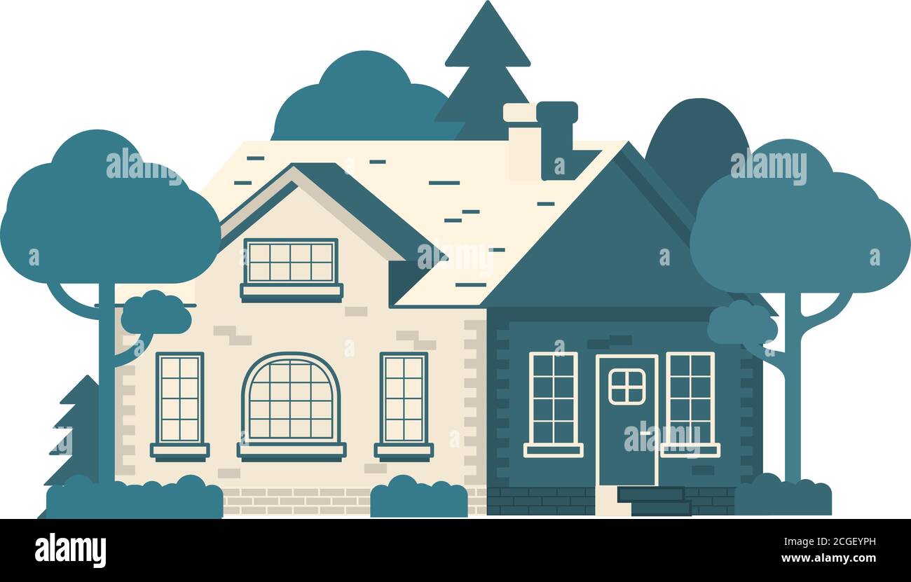 Rural house. Cottage and trees. Summer landscape country house. Flat ...