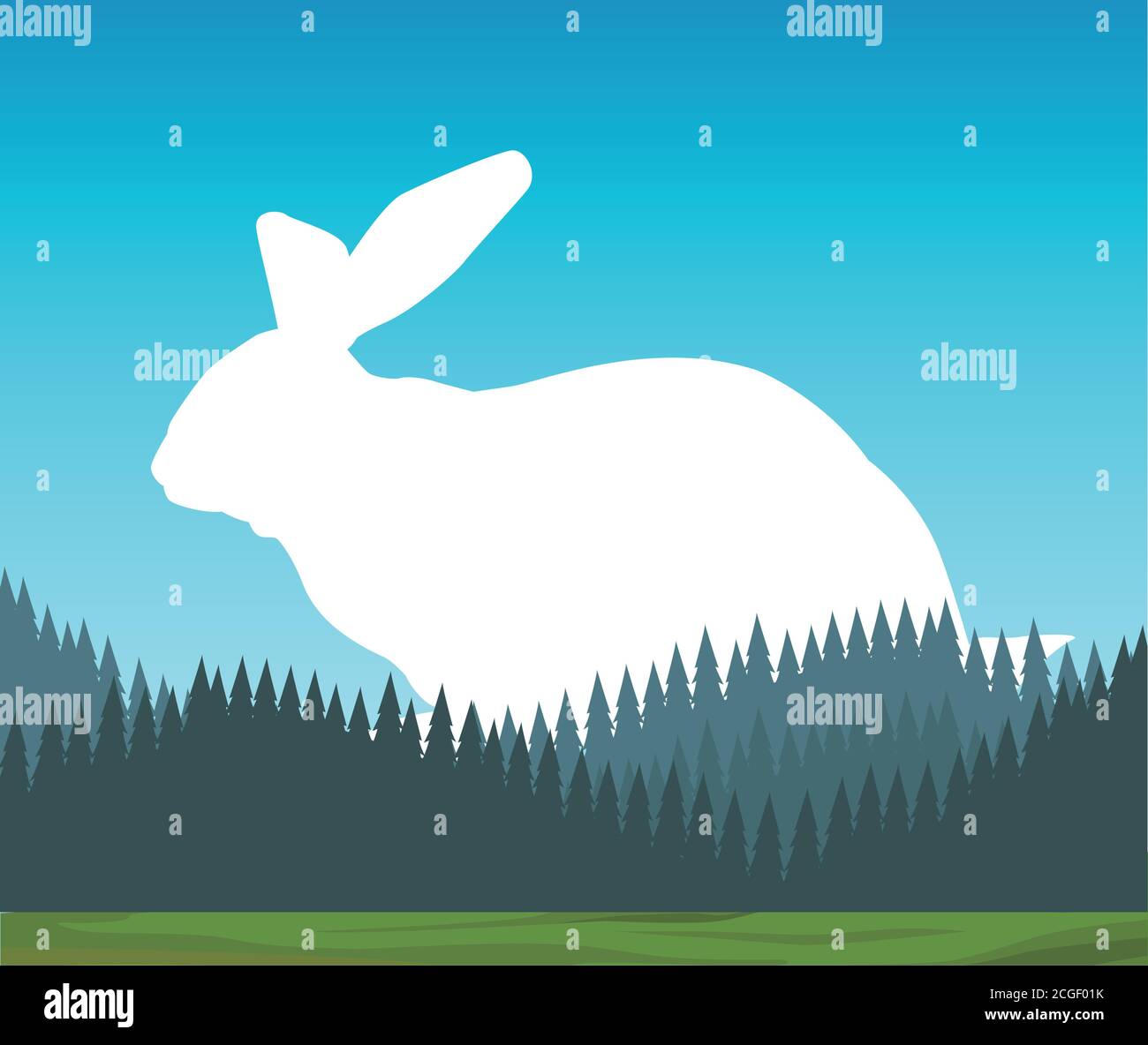 cute wild rabbit animal silhouette with landscape scene vector ...