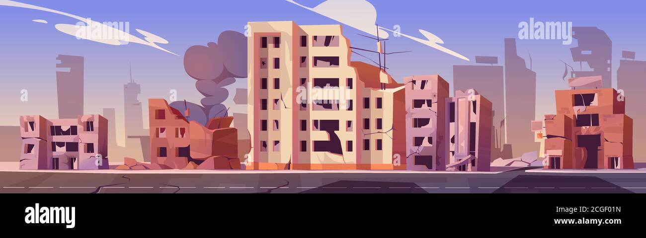 City destroy in war zone, abandoned buildings with smoke. Destruction ...