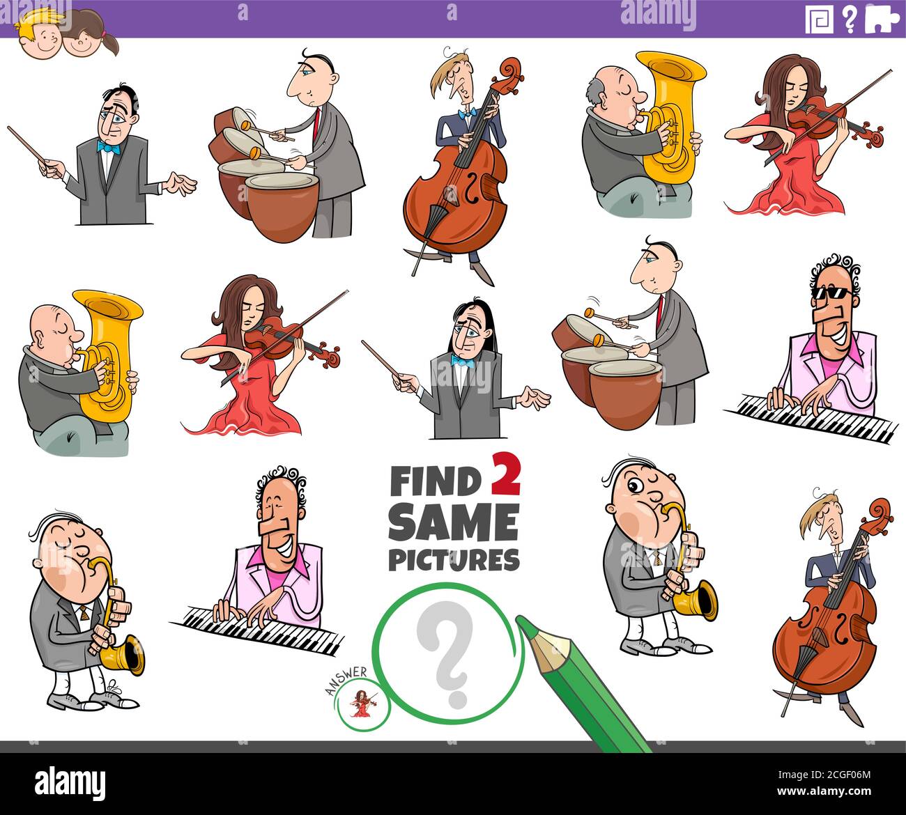 Cartoon Illustration of Finding Two Same Pictures Educational Task for ...