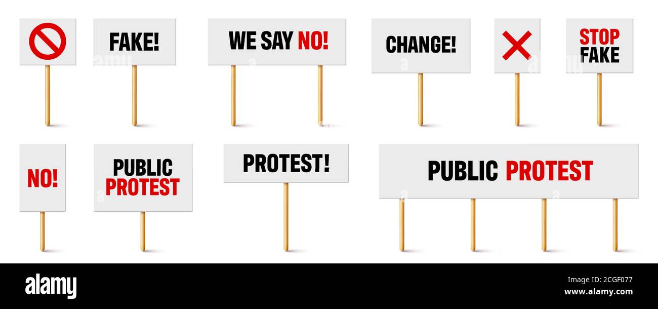 Protest signs with slogan on wooden holder. Realistic vector ...