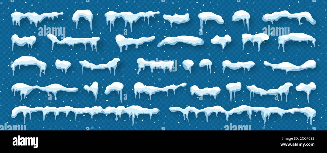 Snow, ice caps isolated on blue transparent background. Snowfall with ...