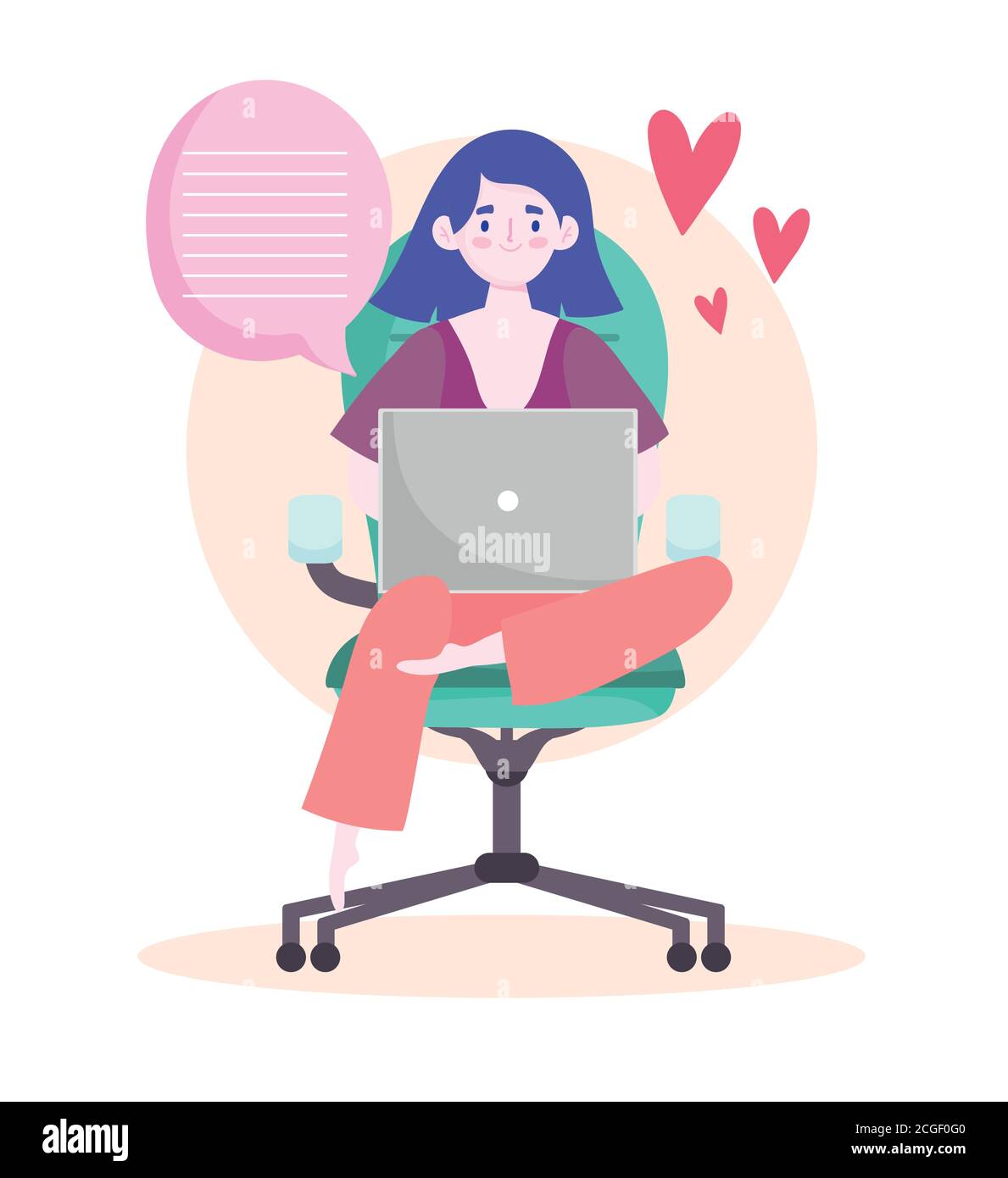 home office workspace, woman sitting on chair using laptop texting ...
