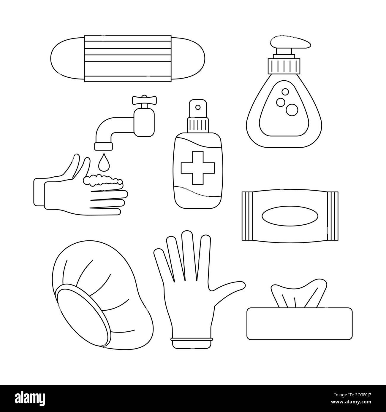 Virus or infection prevention linear icon set isolated on white ...